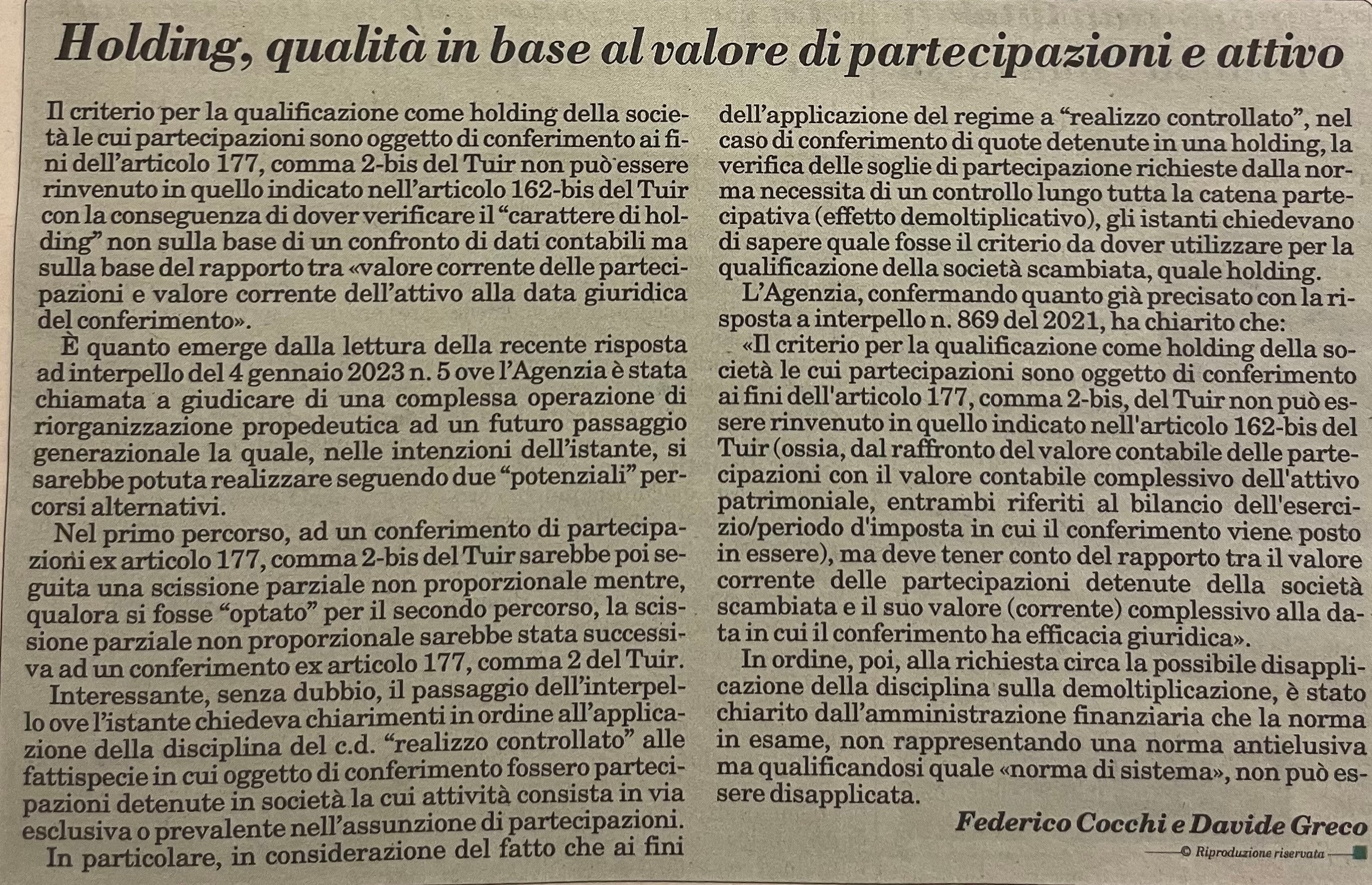 ACBGroup Spa > "Holding, qualità in base al valore di partecipazioni e attivo" di Federico ...